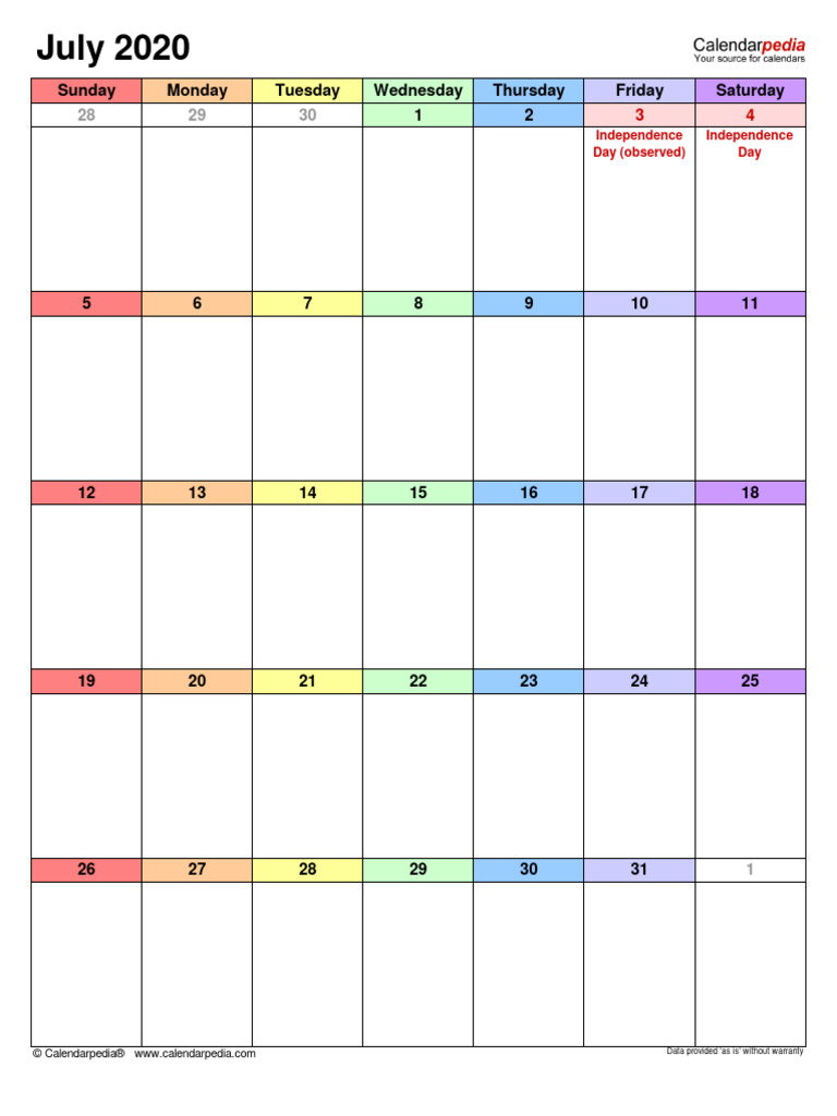 July 2020 Calendar Portrait | PDF