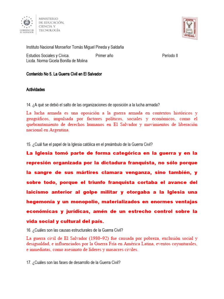 Guía 5 U2 Act Est Soc 1° P2 24 | PDF | El Salvador | Relaciones Internacionales