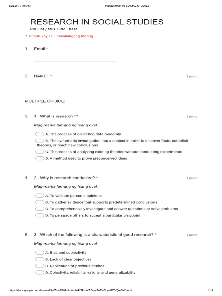 PRELIM _ MIDTER EXAM - RESEARCH IN SOCIAL STUDIES - Google Forms | PDF ...