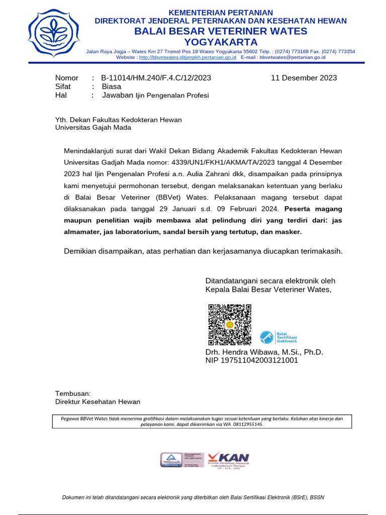 Balasan Magang - UGM - Aulia Zahrani DKK | PDF