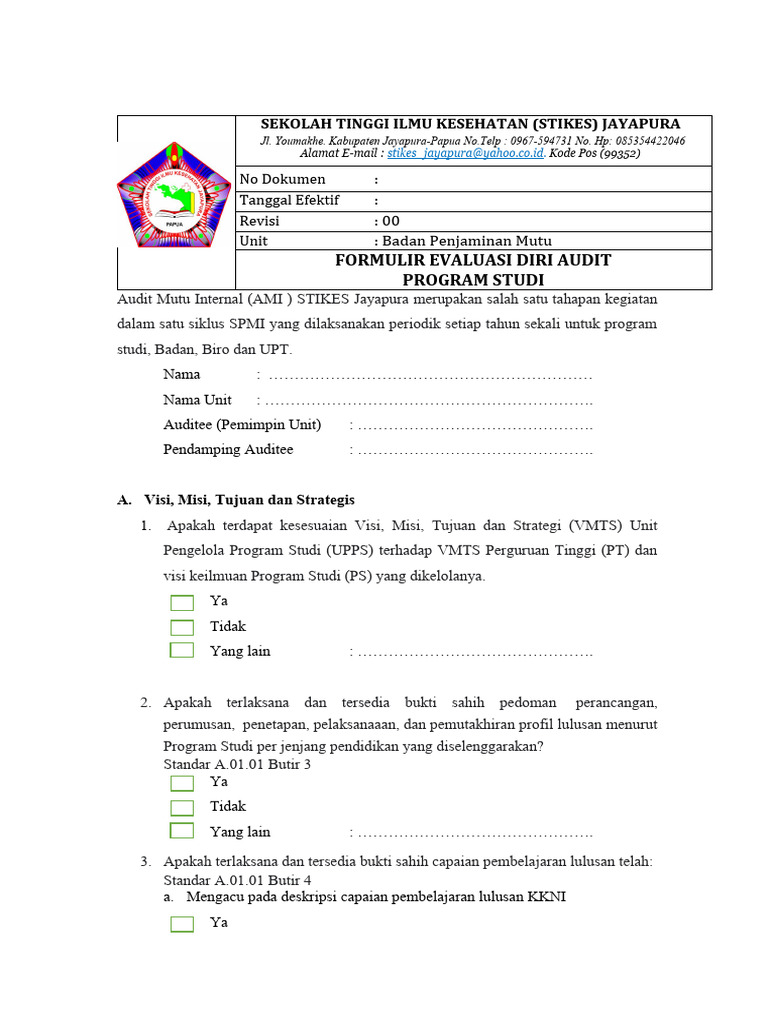 Formulir Evaluasi Diri Audit Program Studi | PDF