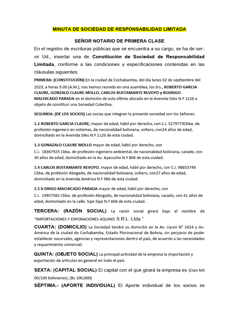 Minuta de Constitución de S.R.L. | PDF | Negocios | Finanzas y dinero