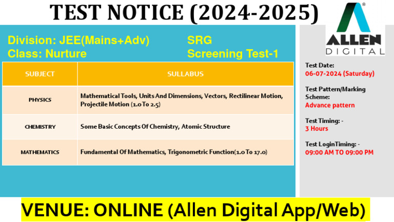 Allen SRG Screening Test 2024 Details | PDF