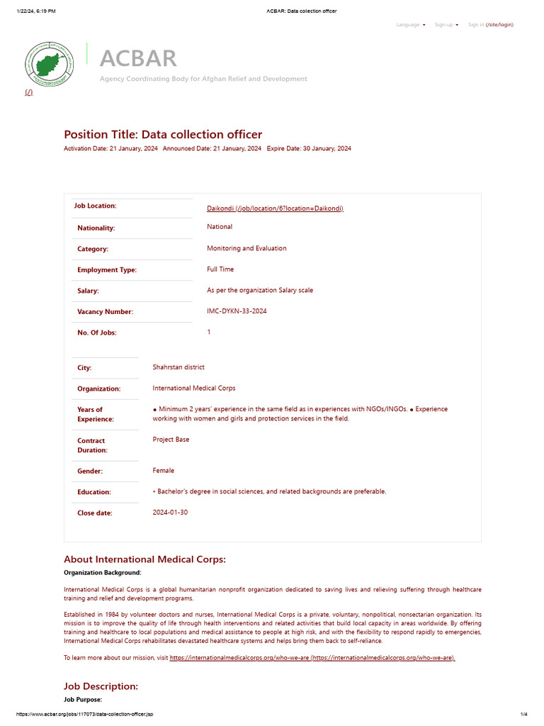 ACBAR - Data Collection Officer | PDF | Recruitment | Health Care