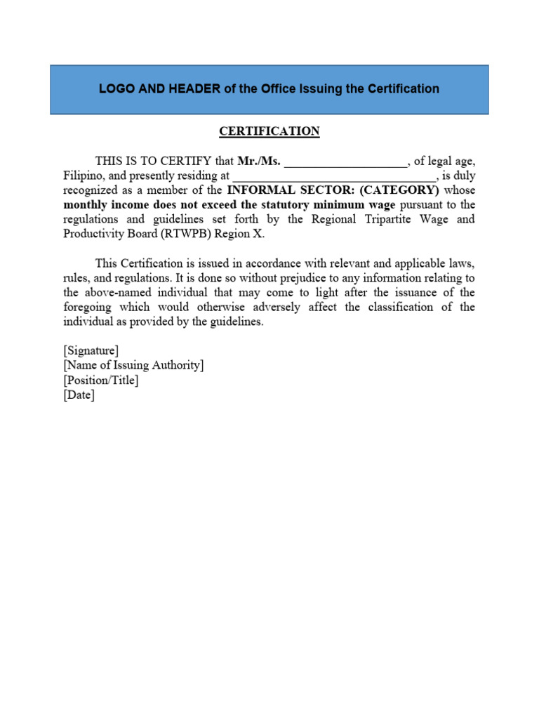 Sample Certification for Informal Sectors | PDF