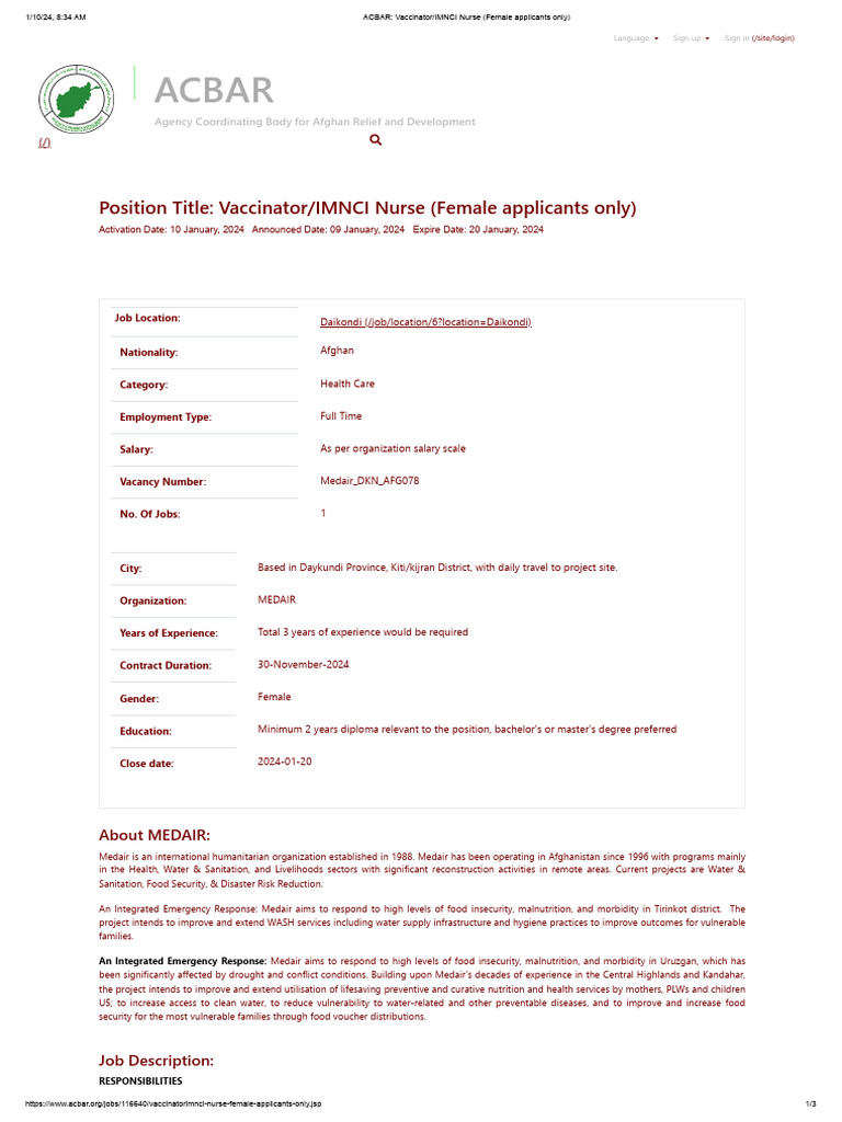 ACBAR - Vaccinator - IMNCI Nurse (Female Applicants Only) | PDF | Health Care | Medicine