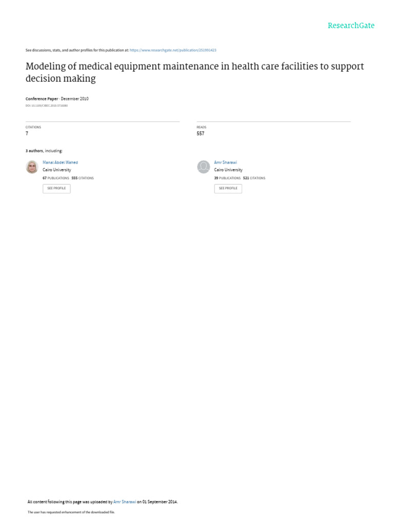 Modeling of Medical Equipment Maintenance in Health Care Facilities To Support Decision Making ...