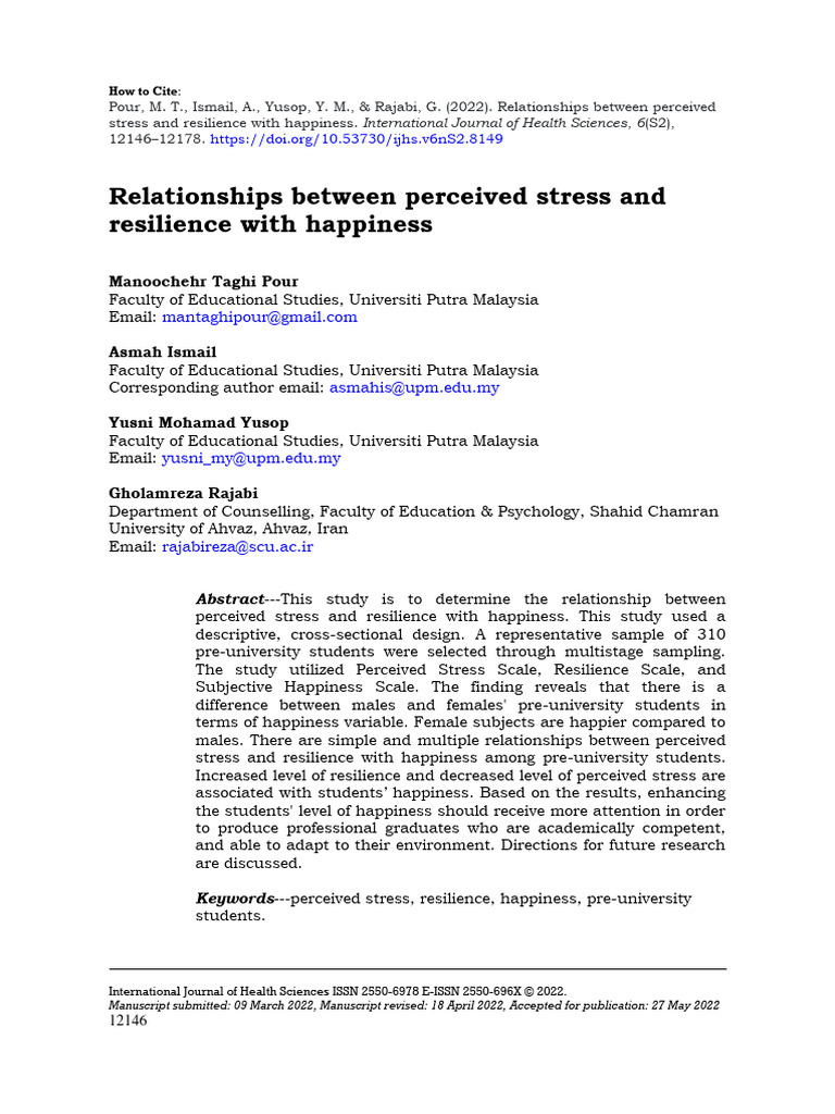 Relationships Between Perceived Stress and Resilience With Happiness | PDF | Psychological ...
