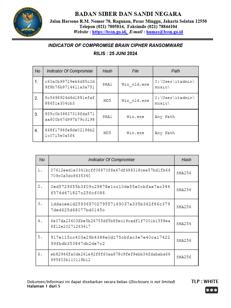 IOC Brain Cipher Ransomware v.3.1 25 Juni 2024 Sign Sign | PDF | Cybercrime | Espionage Techniques
