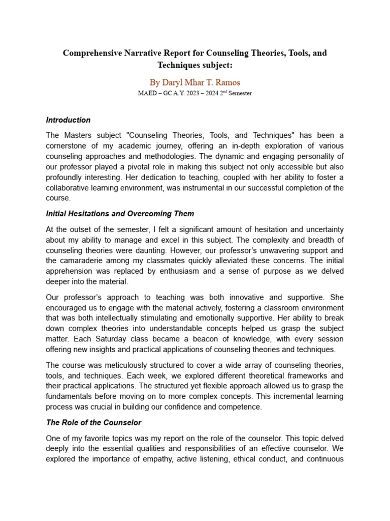 Comprehensive Narrative Report For Counseling Theories | PDF | Learning ...