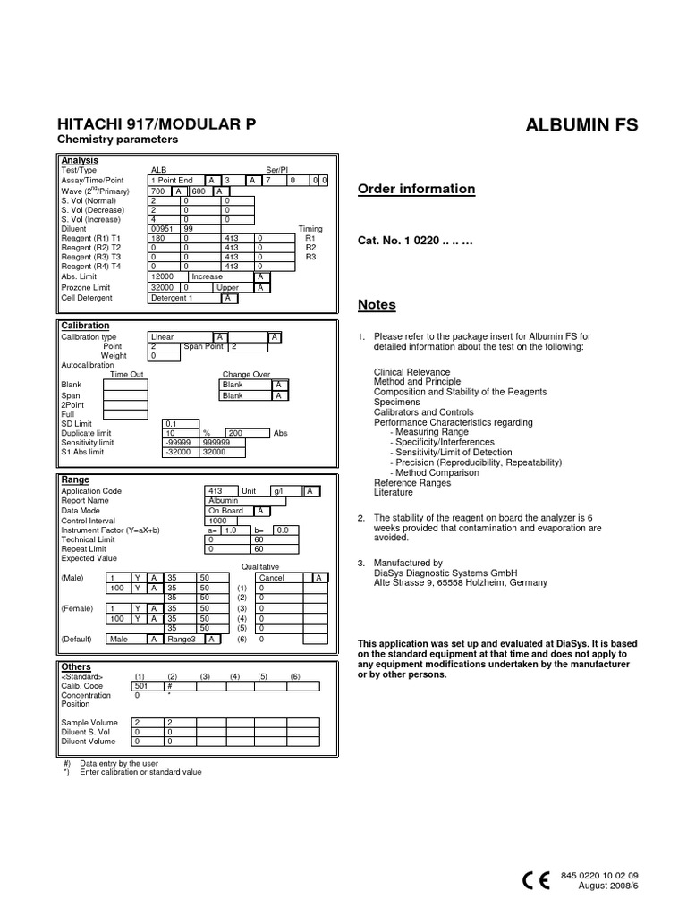 Hitachi 917/modular P: Albumin Fs | PDF | Sensitivity And Specificity