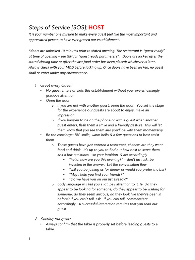 Steps of Service for Restaurant Hosts | PDF | Entrée | Menu