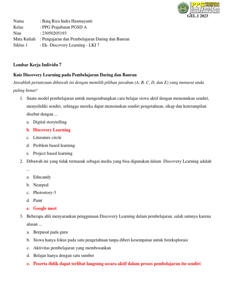 Siklus 1 Ek - Discovery Learning - LKI 7 (Baiq Riza) | PDF