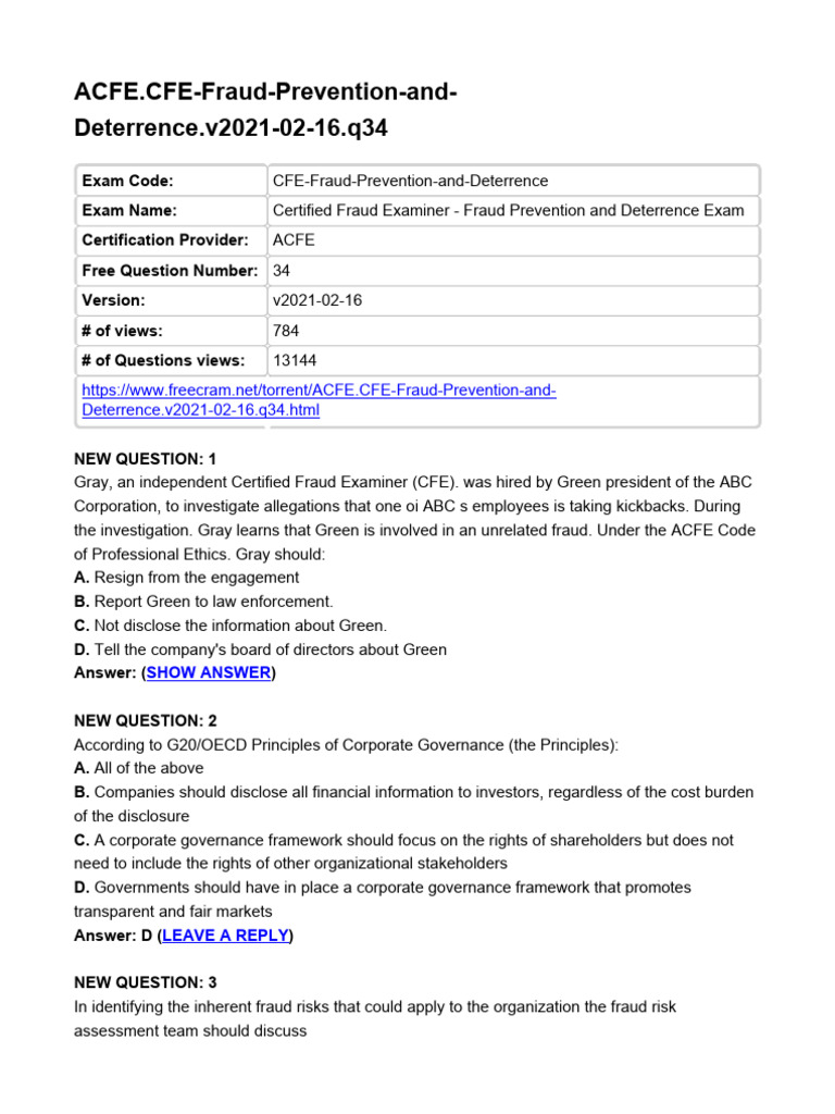 CFE Fraud Prevention Exam Overview | PDF | Internal Control | Audit