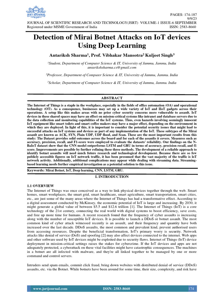 Detection Of Mirai Botnet Attacks On Iot Devices Using Deep Learning