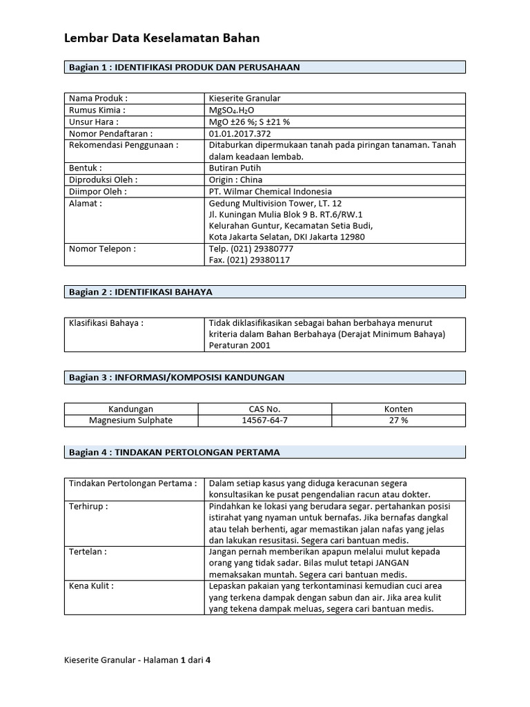 LDKB Kieserite Granular - Wilmar Chemical Indonesia | PDF