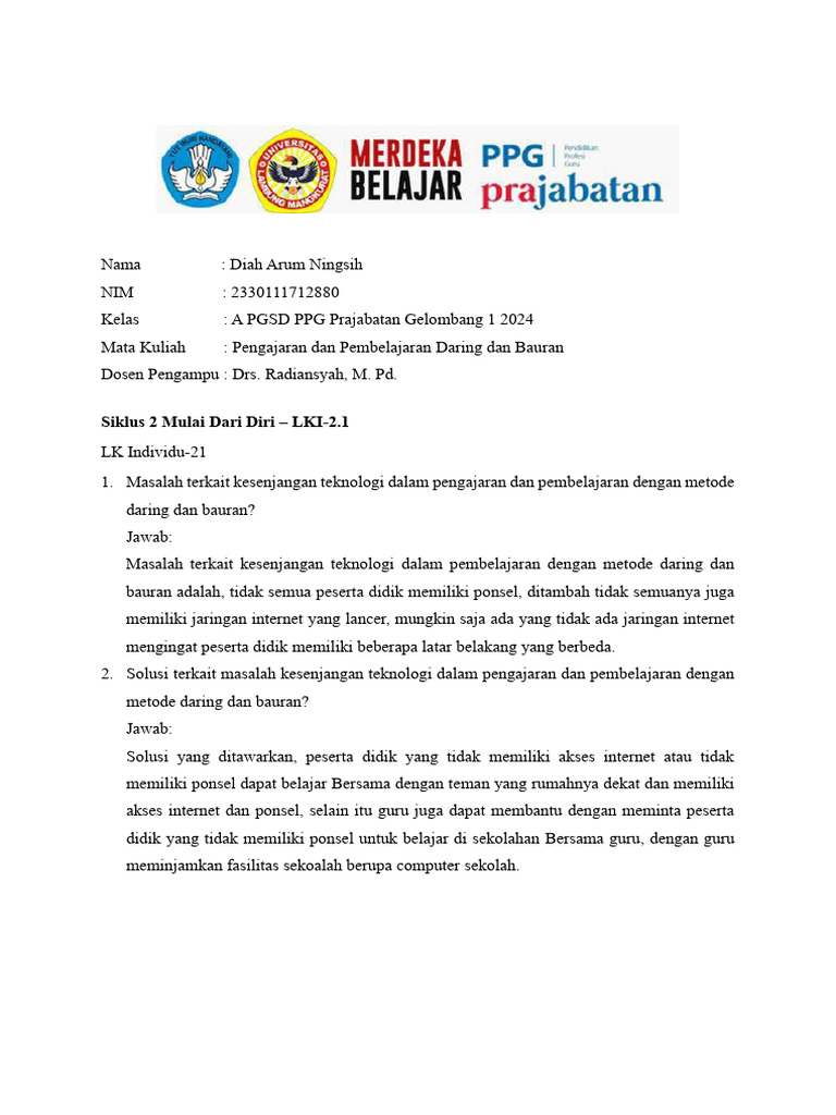 Siklus 2-Mulai Dari Diri-LK Individu 21 - Diah Arum Ningsih - Kelas A - PPDB | PDF