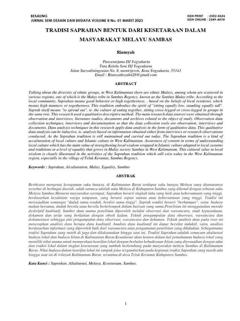 Tradisi Saprahan Bentuk Dari Kesetaraan Dalam Masyarakat 13kb7565 | PDF