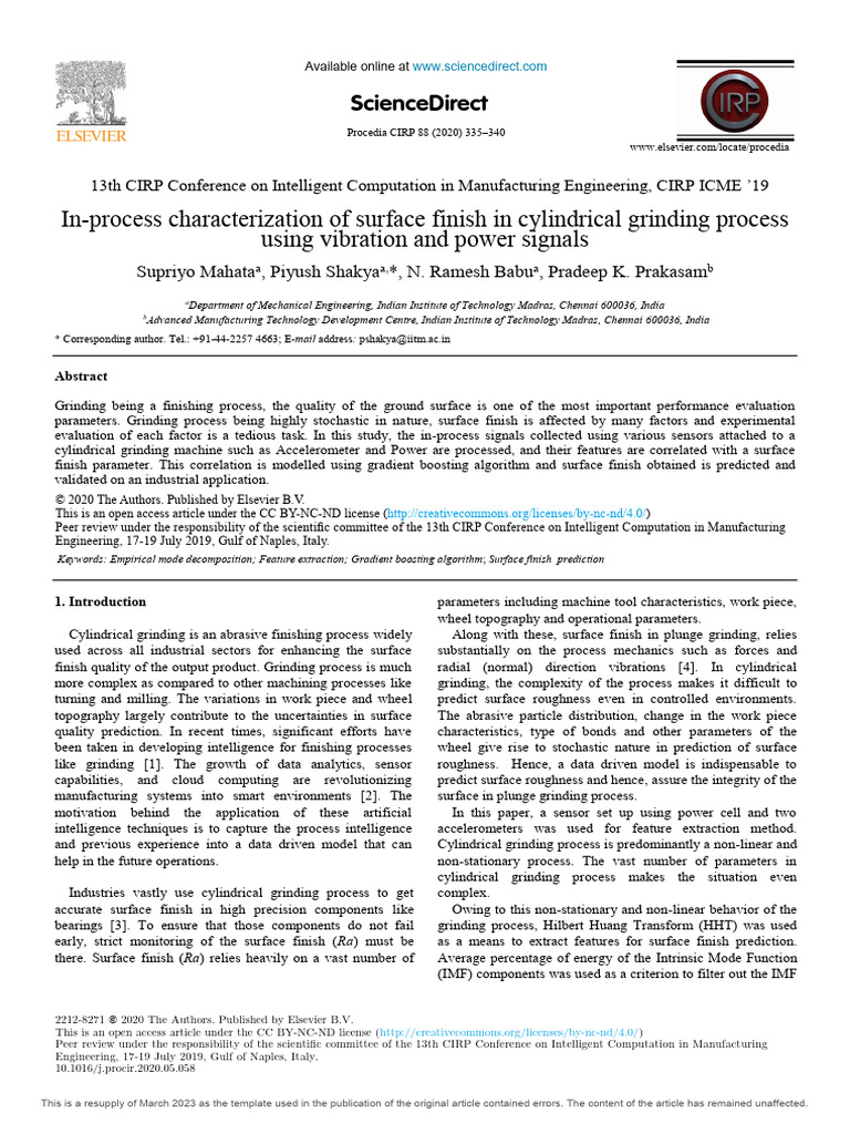 In-Process Characterization of Surface Finish in Cylindrical Grinding ...