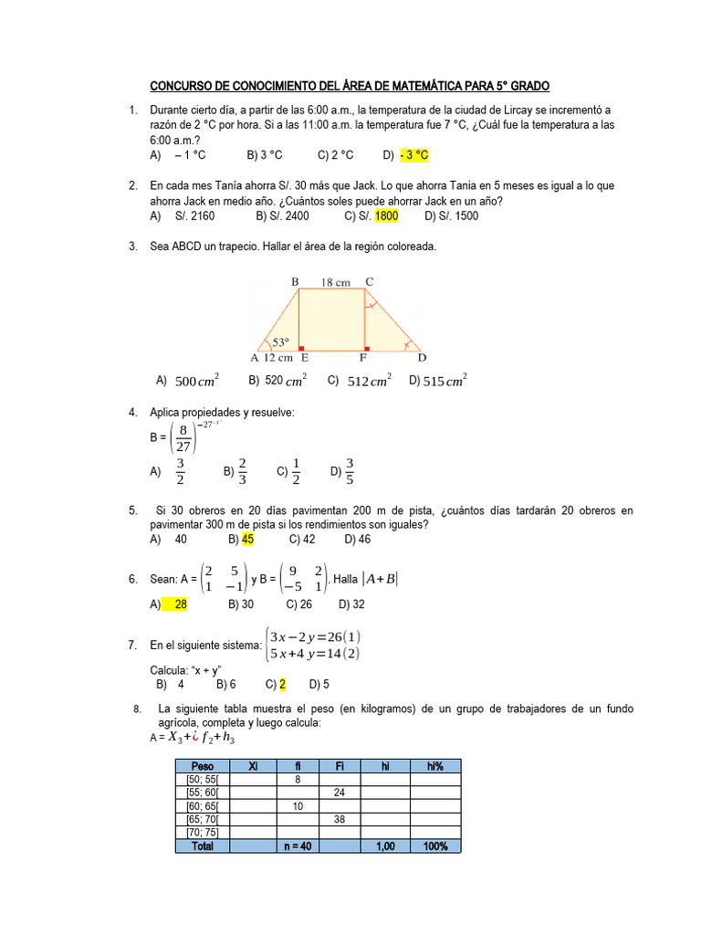 BANCO DE PREGUNTAS PARA EL ÁREA DE MATEMÁTICA 5° GRADO | PDF