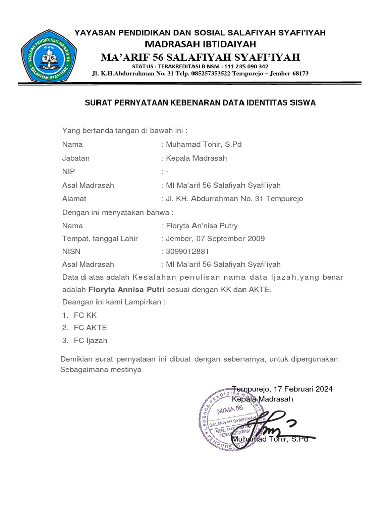 Surat Pernyataan Kebenaran Data Identitas Diri Untuk Pencetakan Ijazah ...