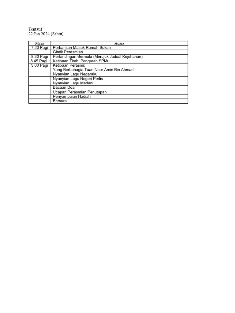 Tentatif Kejohanan Olahraga Tahunan 2024 | PDF