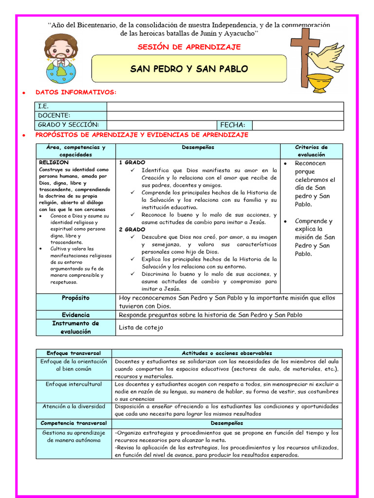 U4 S2 Sesion D2 Religion San Pedro y San Pablo | PDF | San Pedro | Aprendizaje