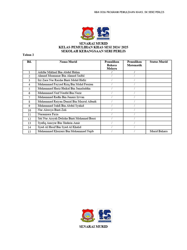 SENARAI MURID PEMULIHAN 2024 | PDF