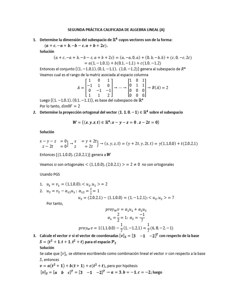 Solución Segunda Practica | PDF | Base (álgebra lineal) | Espacio vectorial