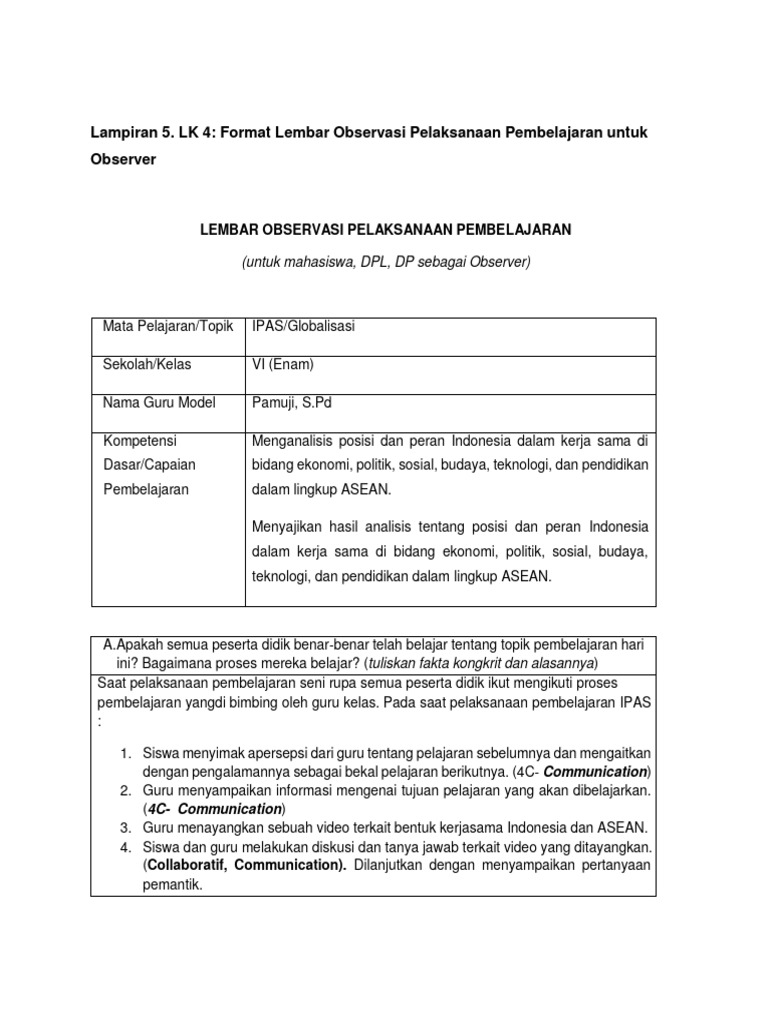 01.05.6-B3-6 Unggah LK 4 - Lembar Observasi Pembelajaran Pada Pembelajaran Ke-2 | PDF