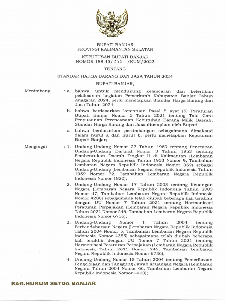 SK Standar Harga Barang Jasa TA. 2024 | PDF