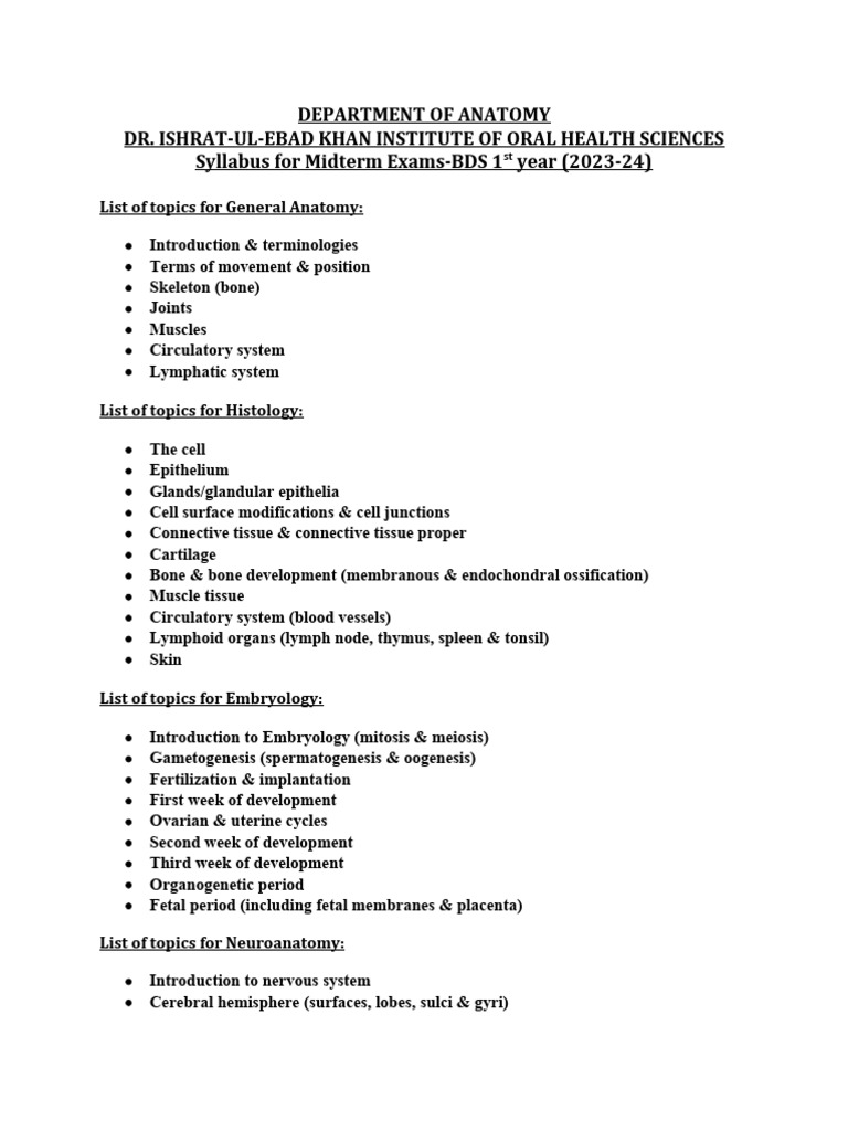 BDS 1 Midterm Exam Syllabus 2023-24 | PDF