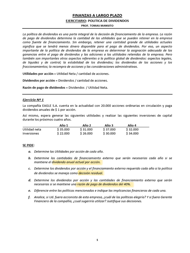 Ejercicios de Politica de Dividendos | PDF | Dividendo | Compartir (Finanzas)