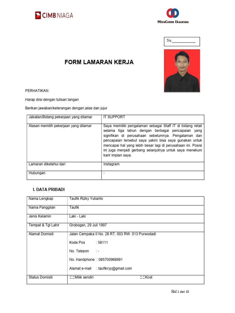 Data Pribadi Lamaran Taufik Yulianto | PDF