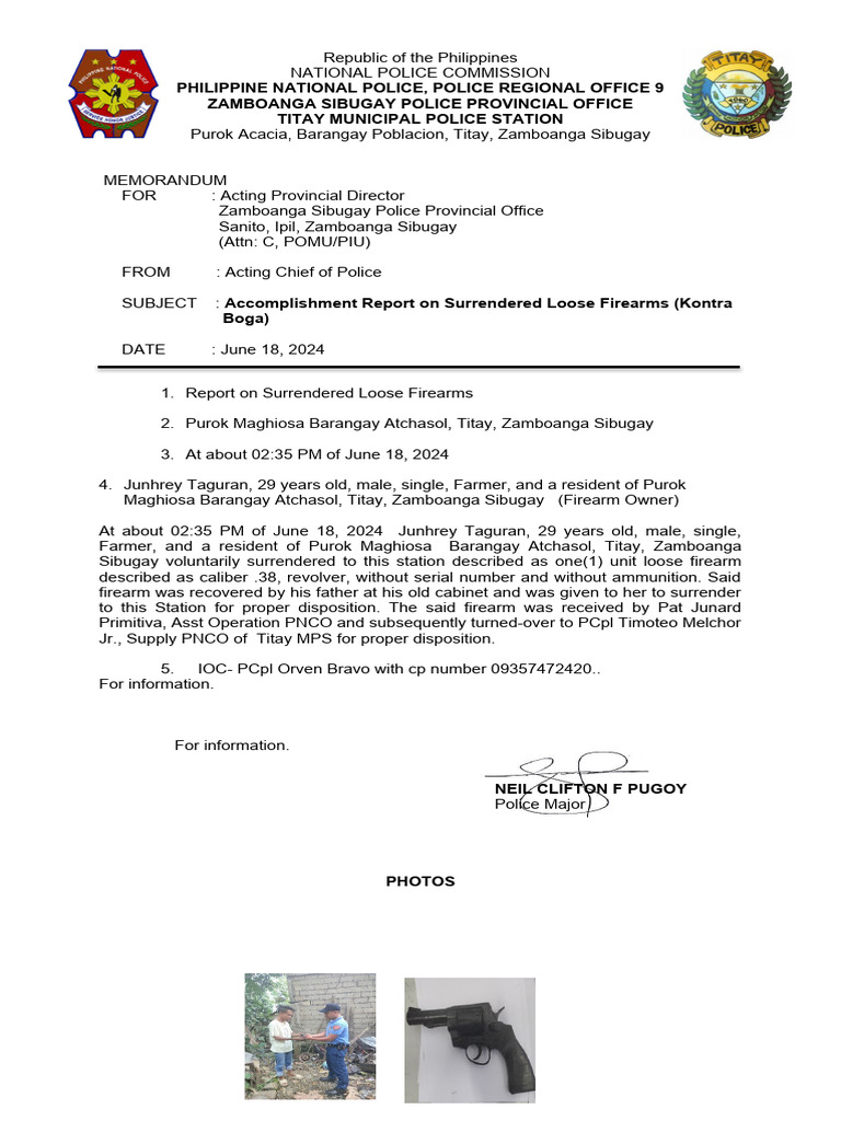 Accomplishment Report On Surrendered Loose Firearms (KONTRA BOGA) June ... Accomplishment Report On Surrendered Loose Firearms (KONTRA BOGA) June ...