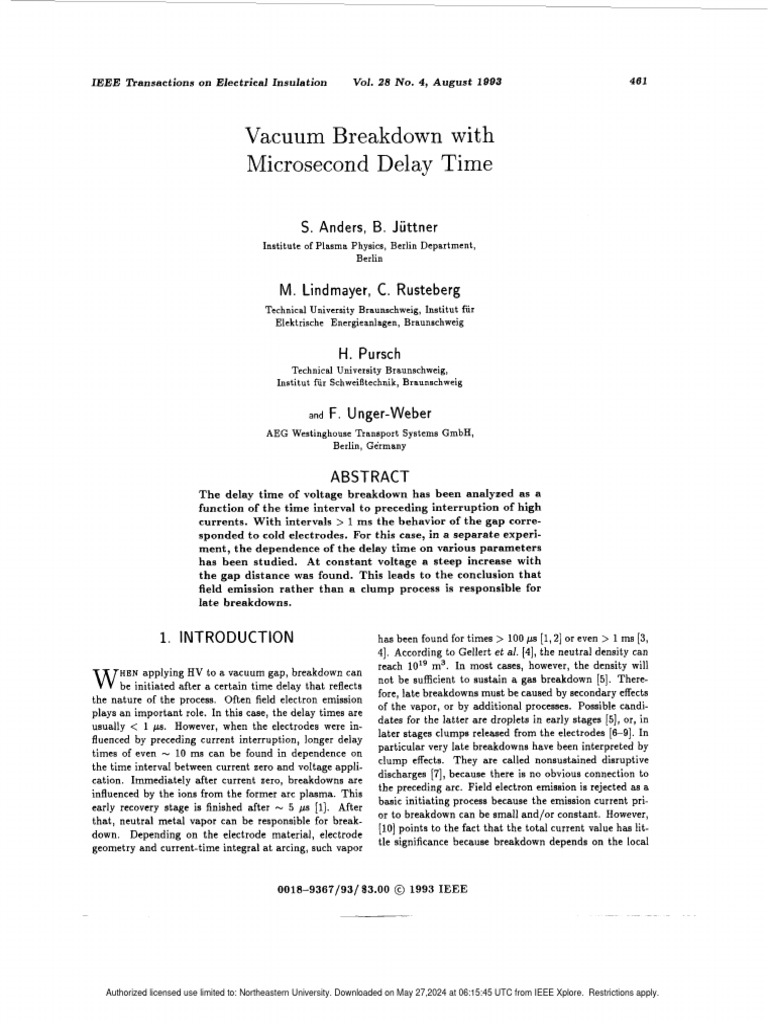 Vacuum Breakdown With Microsecond Delay Time Interrupters | PDF ...