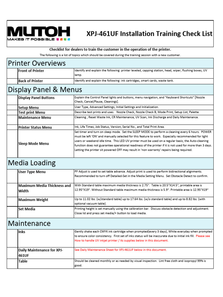 XPJ-461UF Install Training Checklist | PDF | Ultraviolet | Printer ...