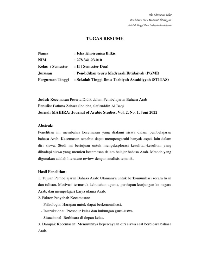 Resume Tugas Bahasa Arab Icha Khoirunisa Bilkis | PDF