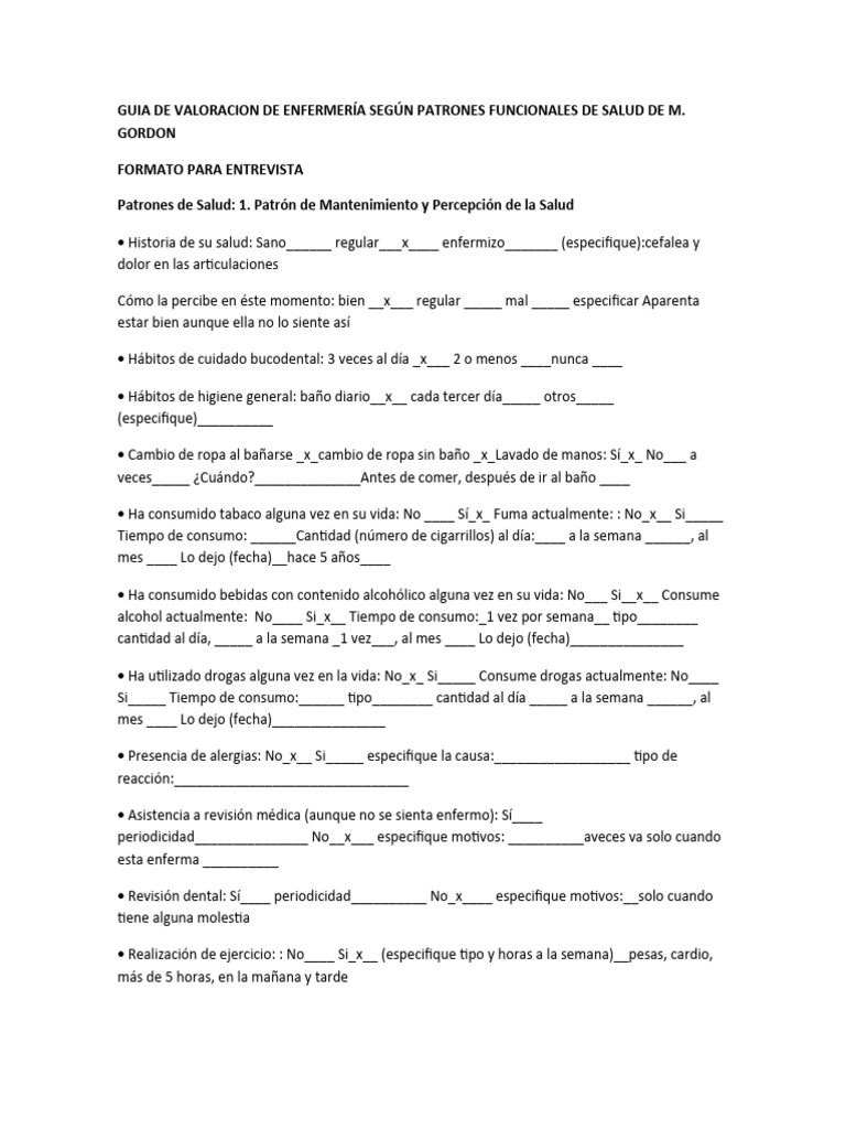 Guia de Valoracion de Enfermería Según Patrones Funcionales de Salud de ...