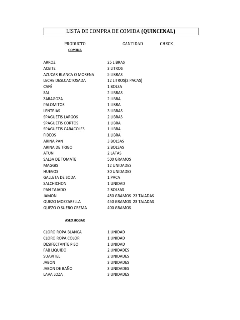 Lista Quincenal de Compras de Comida y Aseo | PDF