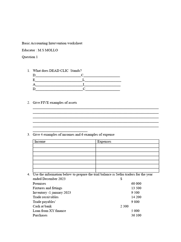 Basic Accounting Intervention Worksheet | PDF | Debits And Credits ...
