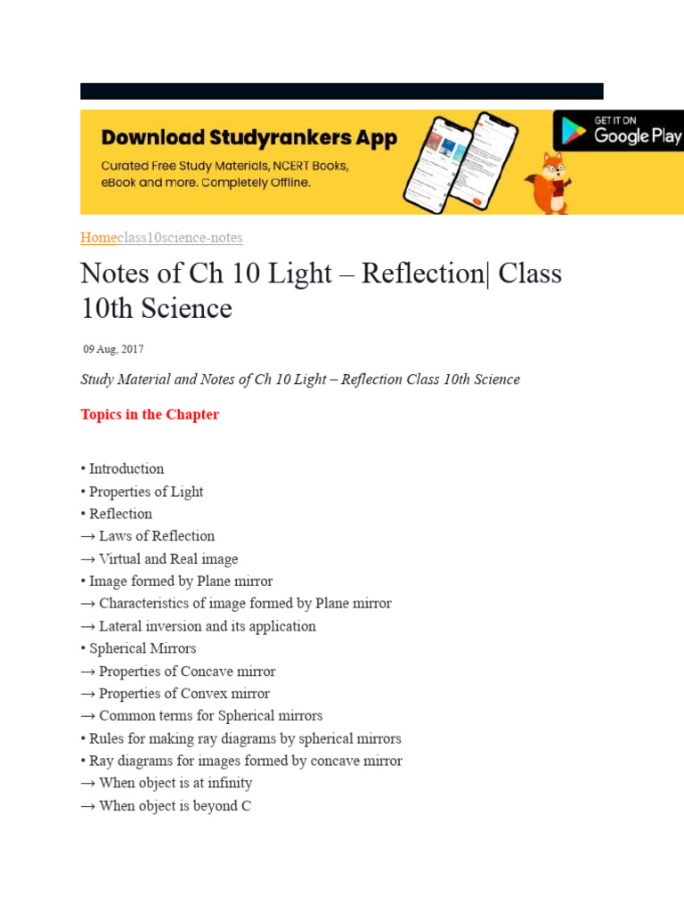 Class 10 Science: Light Reflection Notes | PDF | Mirror | Reflection ...