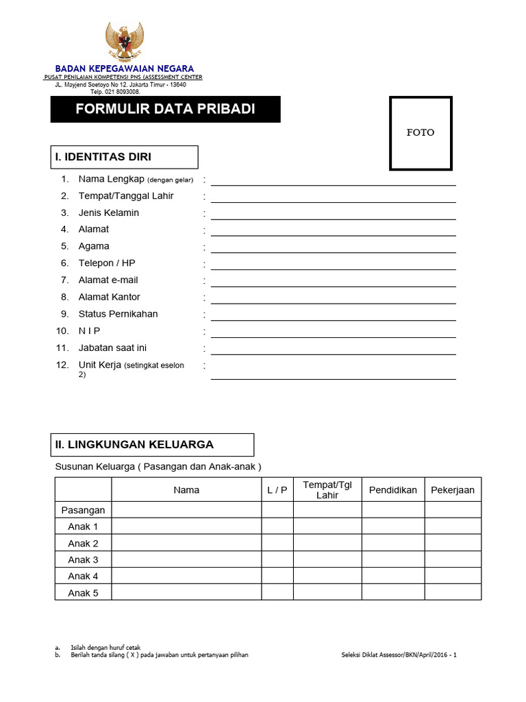 Formulir Data Pribadi PNS BKN | PDF