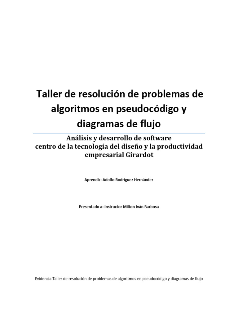 Taller de Resolución de Problemas de Algoritmos en Pseudocódigo y Diagramas de Flujo | PDF ...