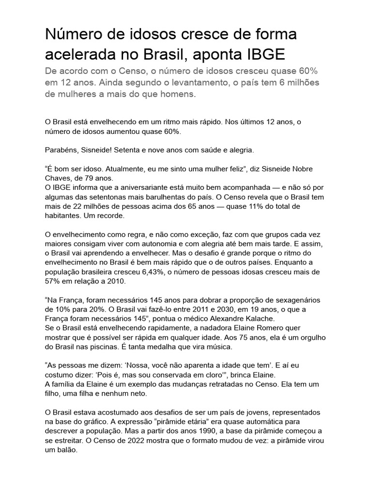 Envelhecimento Acelerado no Brasil | PDF | Brasil | Envelhecimento