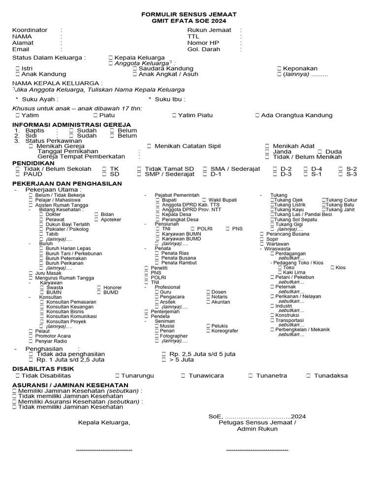 FORMULIR SENSUS JEMAAT 2024 (1 LBR) | PDF