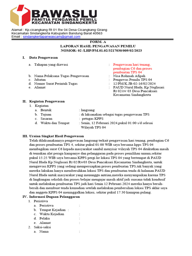LAP FORM A LHP TPS 04 Pengawasan Pembagian C6 | PDF LAP FORM A LHP TPS 04 Pengawasan Pembagian C6 | PDF