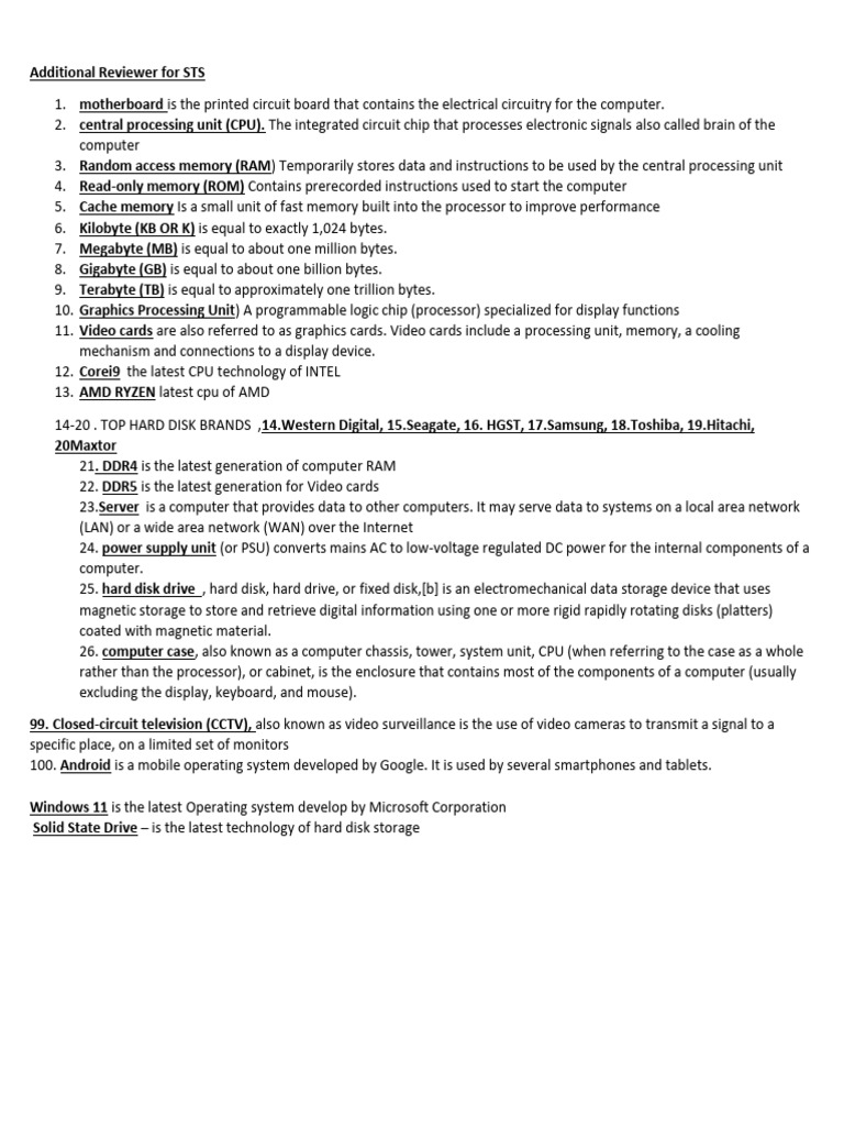 STS Reviewer | PDF | Random Access Memory | Hard Disk Drive