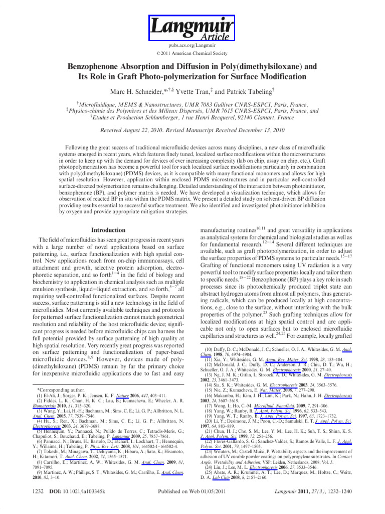 Benzophenone Absorption and Diffusion in Poly (Dimethylsiloxane) and ...