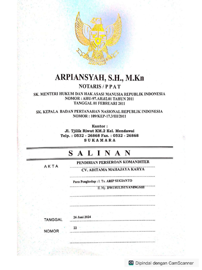 Akta Pendirian CV Aditama Mahajaya Karya - Compressed | PDF